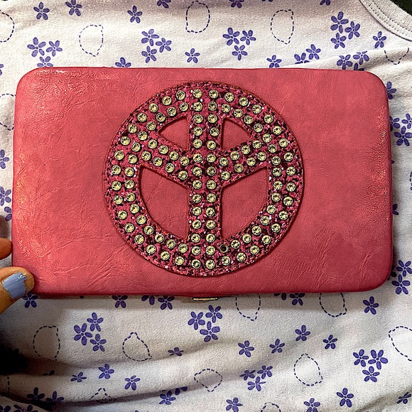 Bags | Stunning Hot Pink Peace Sign Wallet With Rhinestones | Poshmark